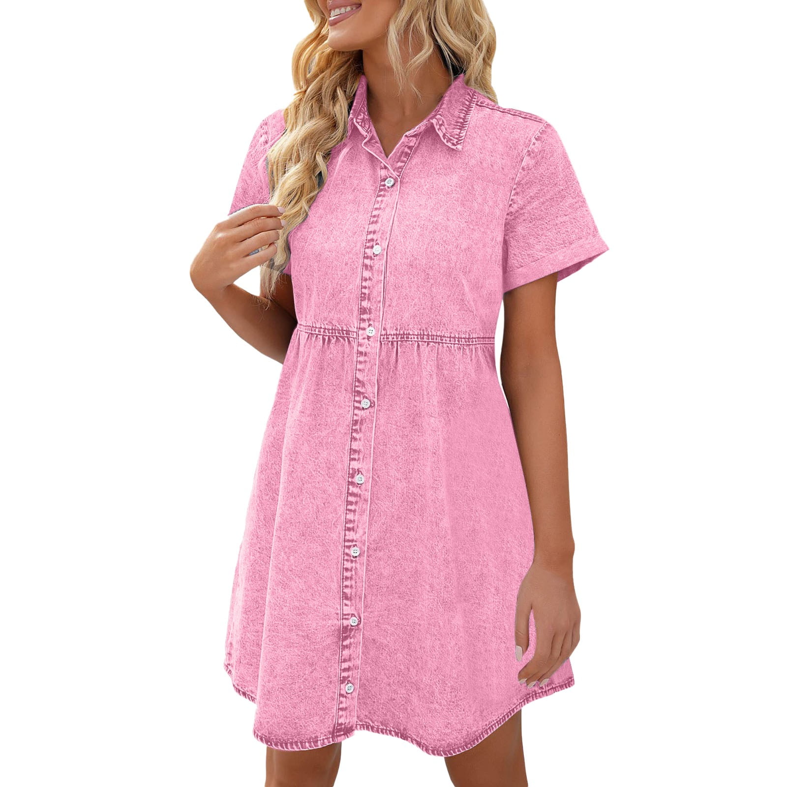 For Women 2024 Short Sleeve Button Down Flowy Tiered Denim Dress Tshirt ...