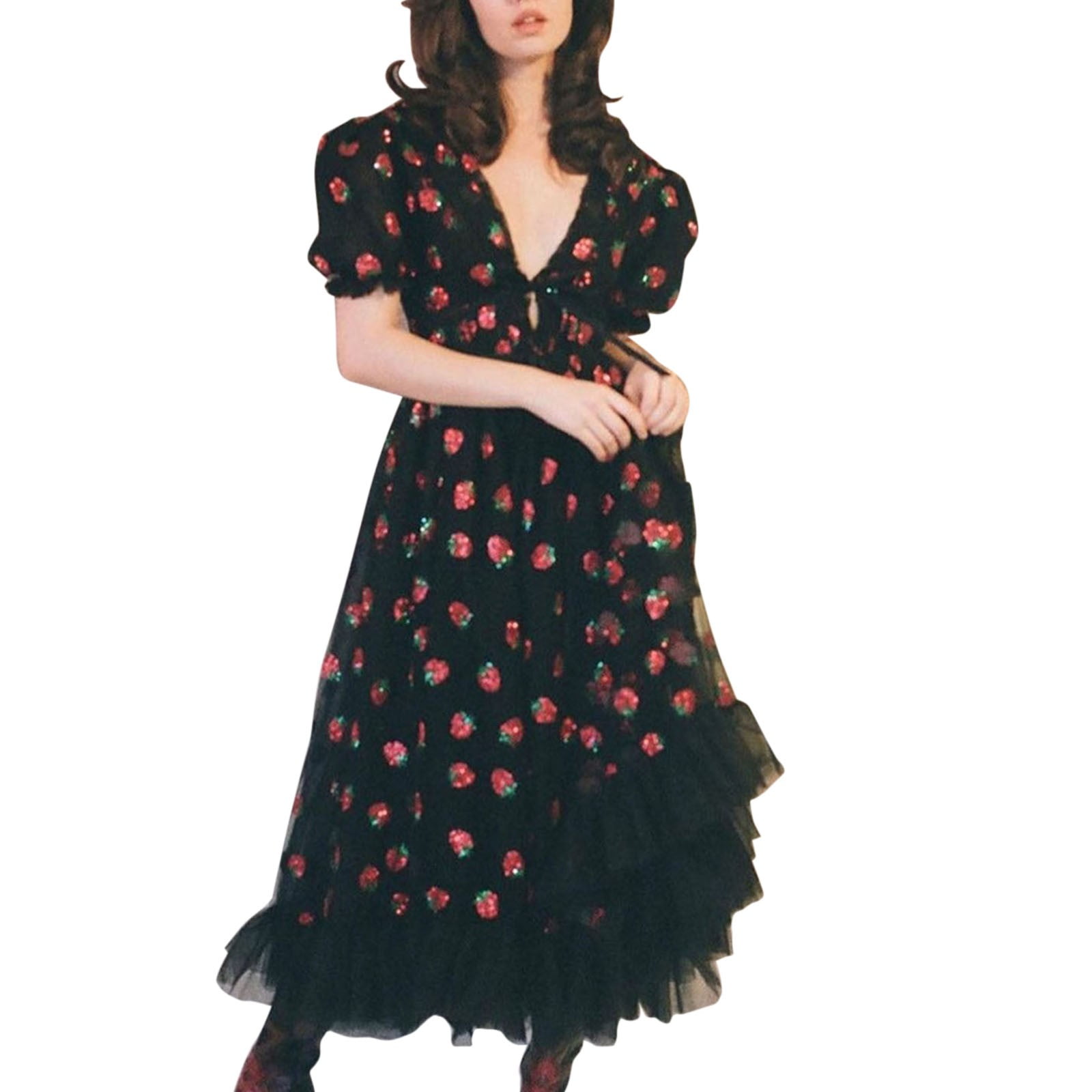 For Women 2024 Strawberry Sequins Embroidery Mesh Round Neck Tunic ...