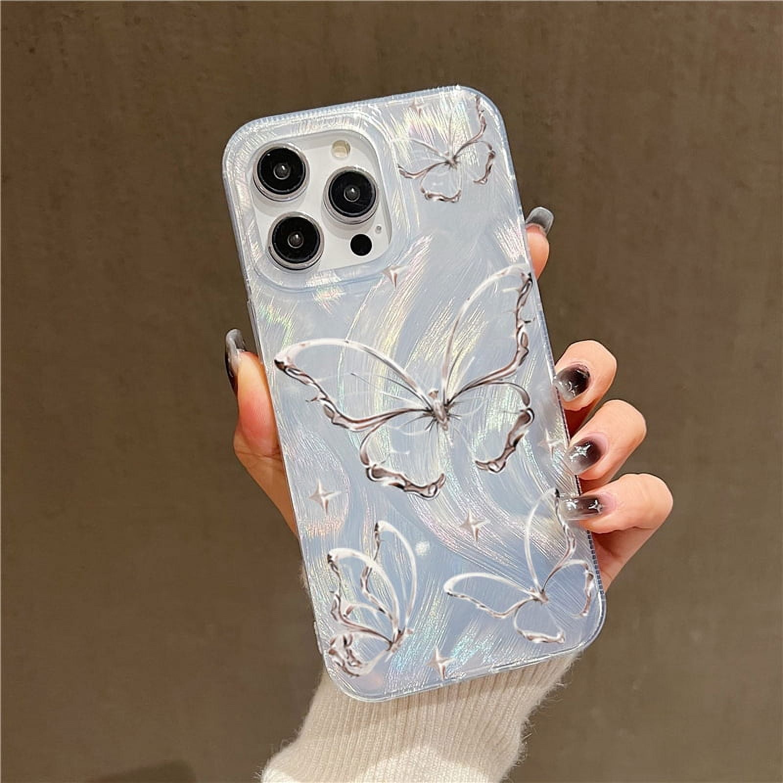 For iPhone 14 13 15 16 Pro Max Case Luxury Laser Silver Butterfly Phone ...