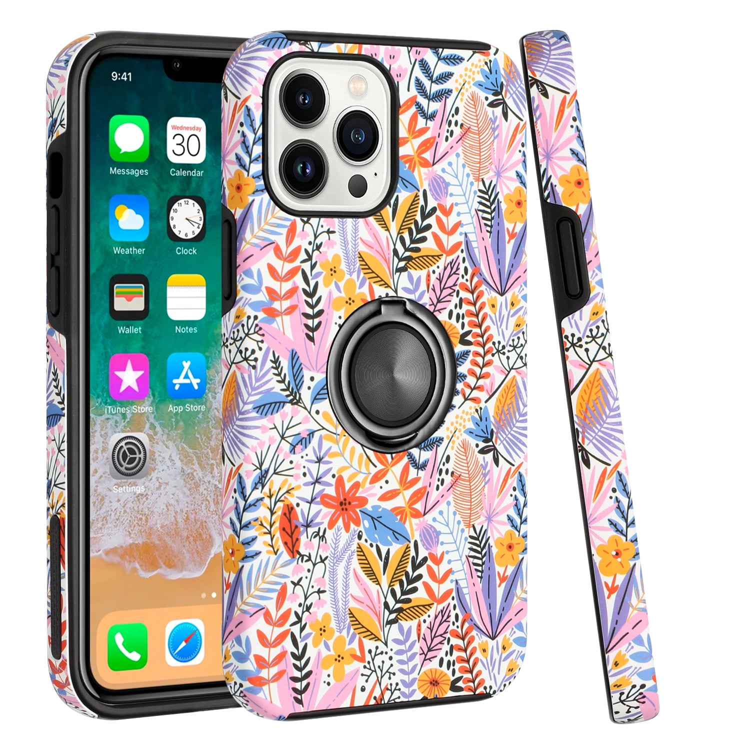 For iPhone 14 PRO MAX Case Sketch Design Hybrid Magnetic Ring Stand ...