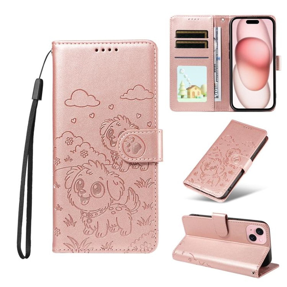 For iPhone 15 Litter Dog Embossing Leather Phone Case with RFID ...