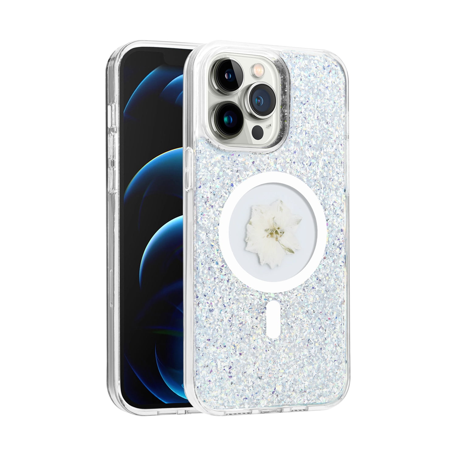 For iPhone 15 PRO Case Epoxy Real Flower Glitter Hybrid Cover + 2 ...