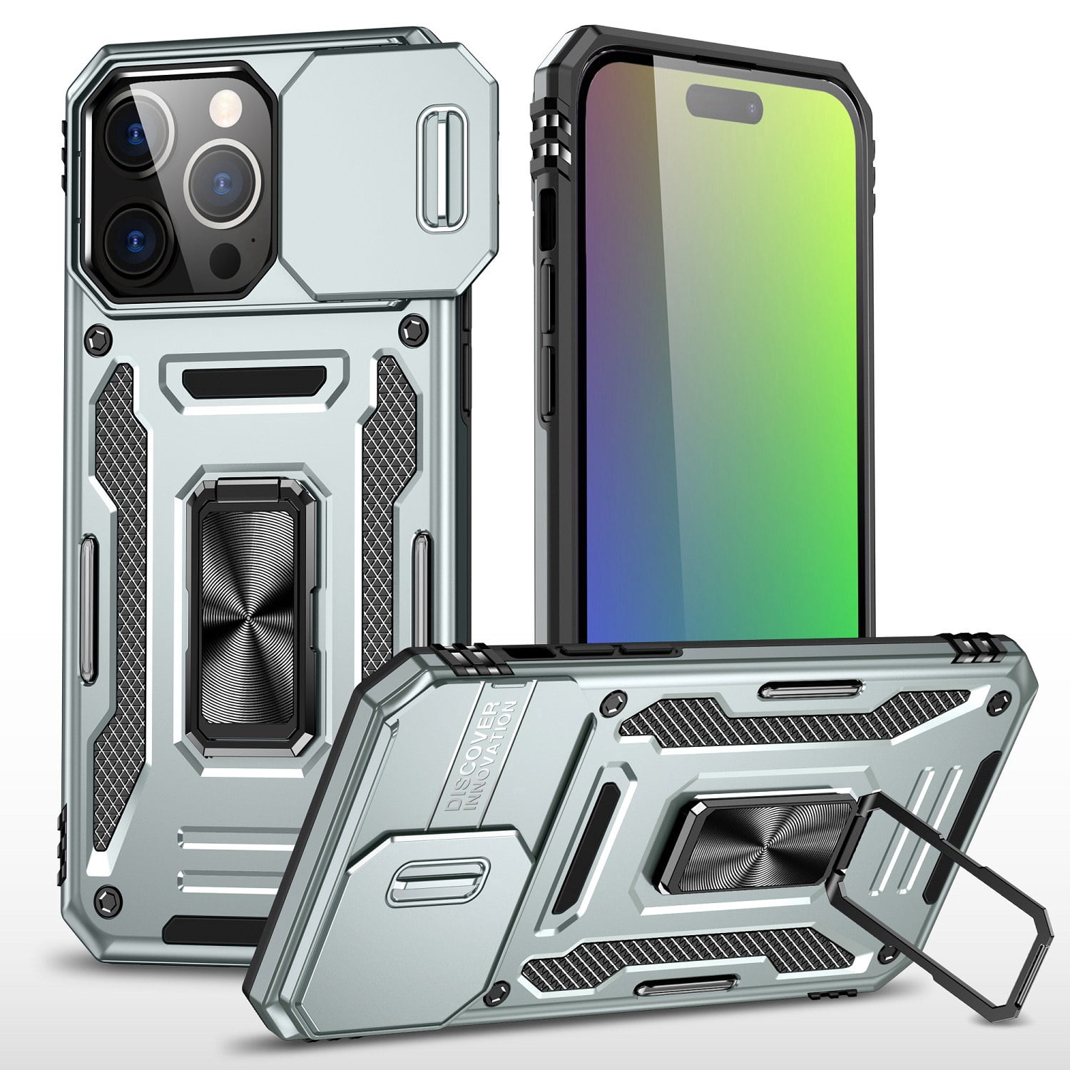 For iPhone 15 Utter Tough Metal Ring Movable Camera Window Hybrid Case ...