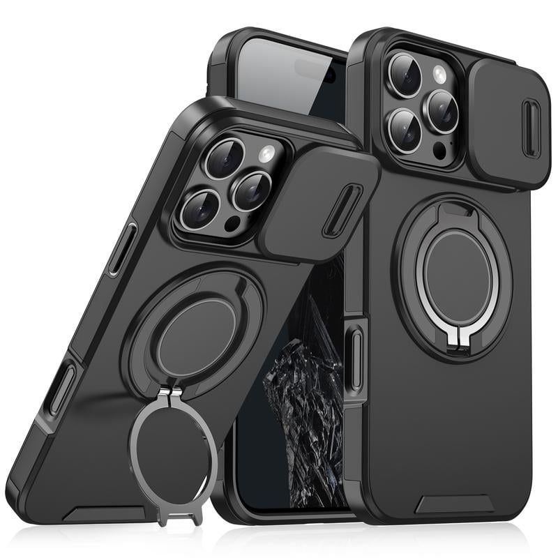 For iPhone 16 15 14 13 12 Pro Max with Slide Camera Case, 360 Rotated Ring Kickstand Holder ...