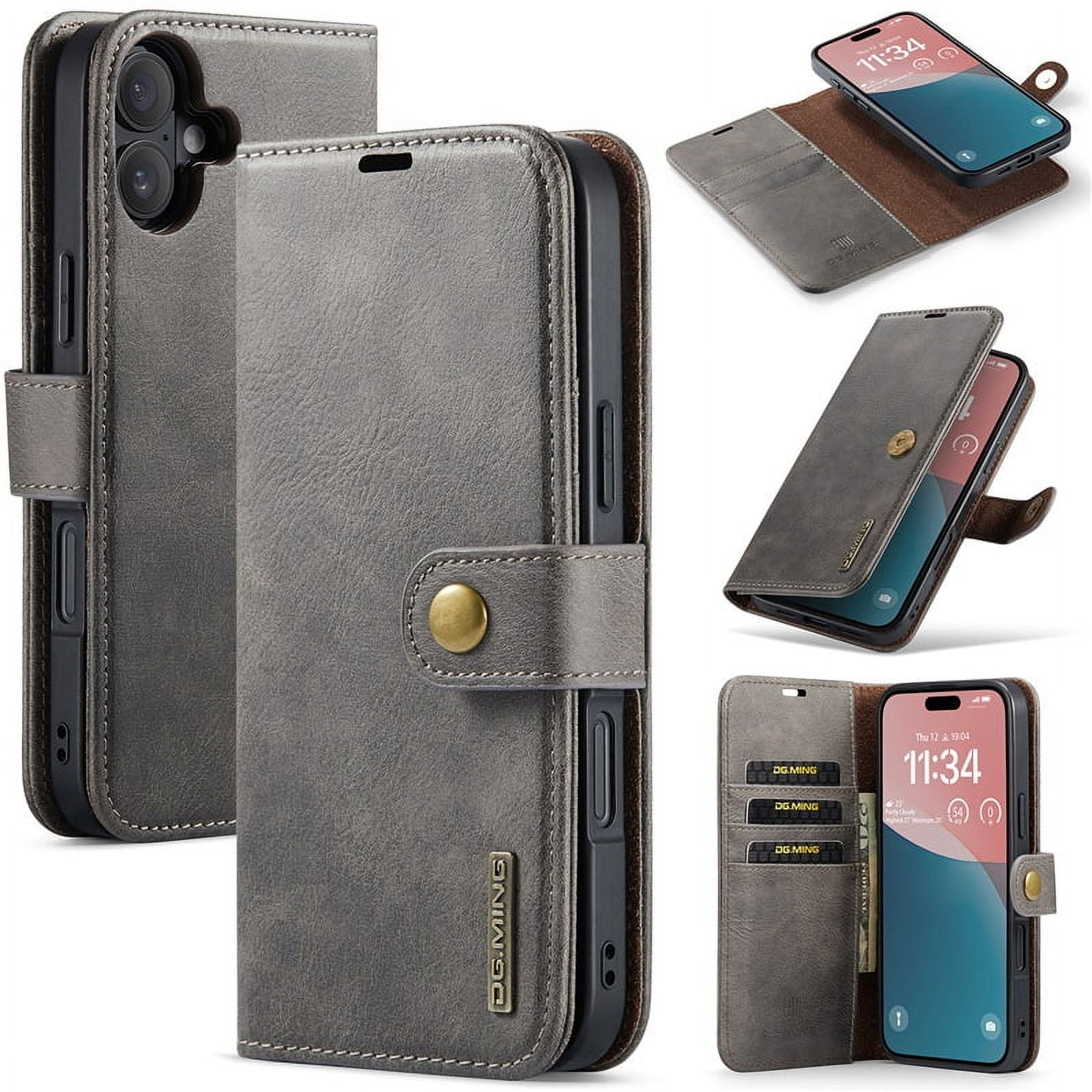 For iPhone 16 DG.MING Crazy Horse Texture Detachable Magnetic Leather Phone Case,Grey,For iPhone ...