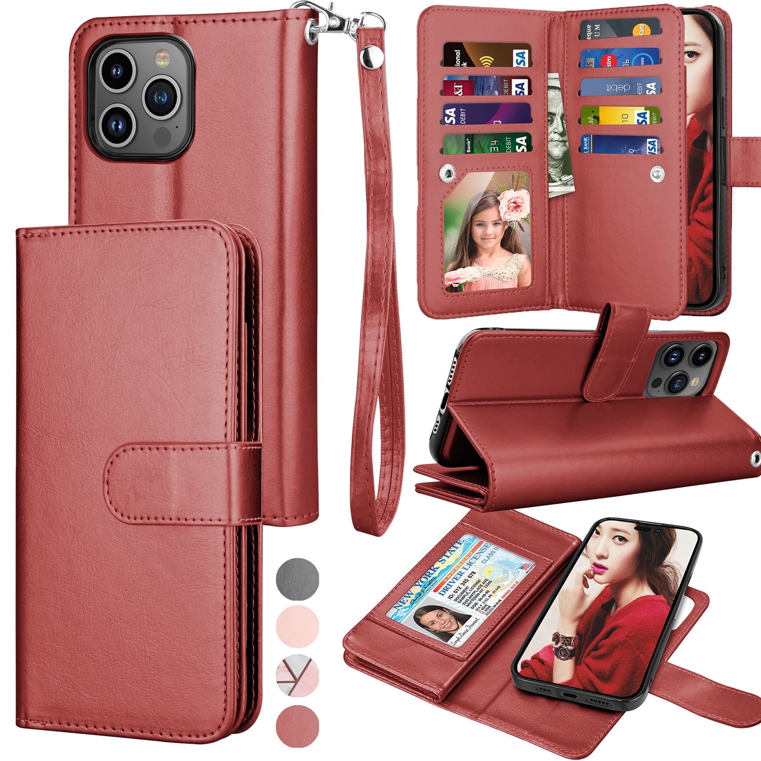For iPhone 16 Wallet Case with Credit Card Holder and Wrist Strap for ...