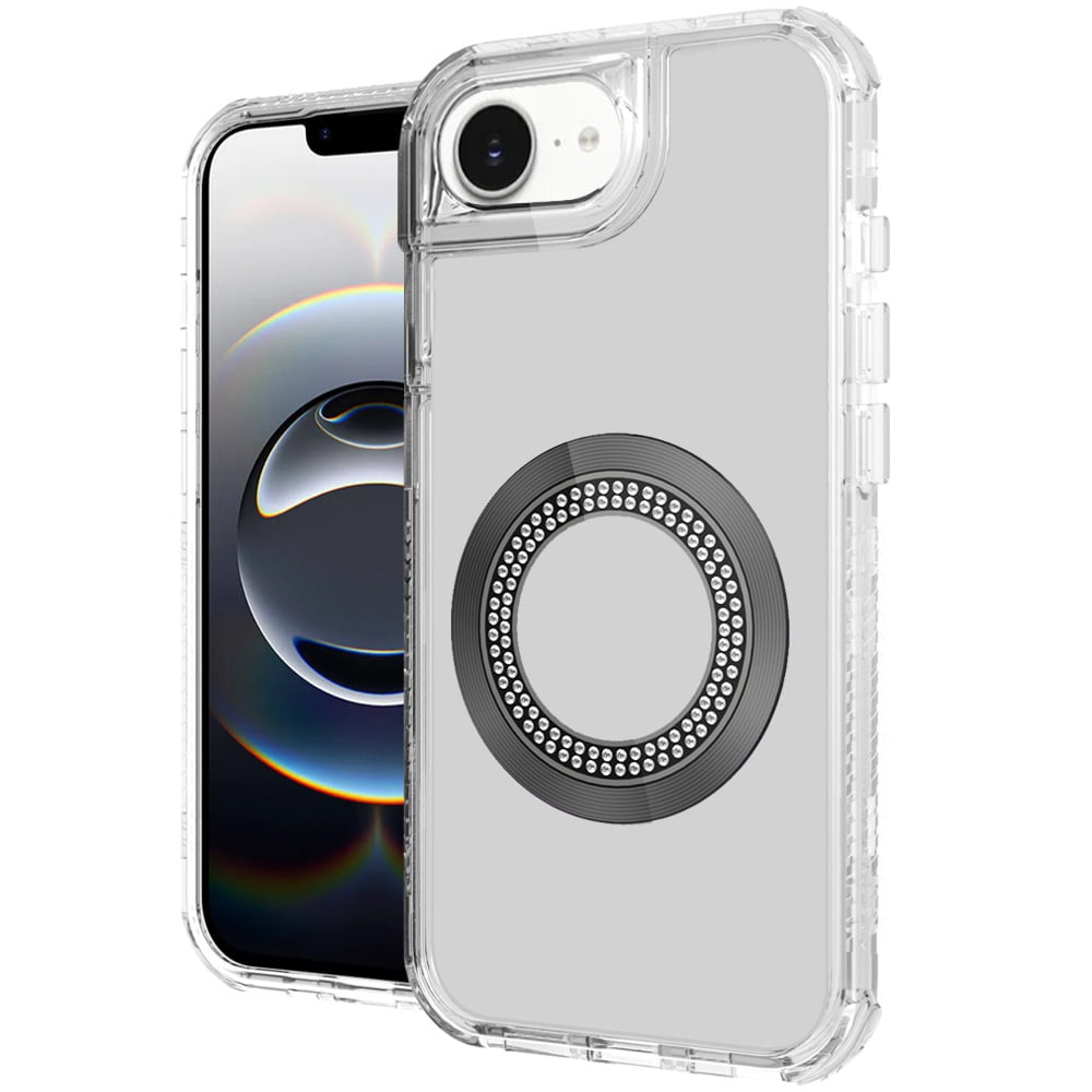 For iPhone 16E (E edition) / SE4 (2025) Magnetic Ring Circle Bling Chrome 3in1 Hybrid Case ...