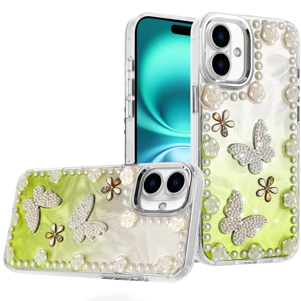 For iPhone 17 Pearls Epoxy Glitter Ornaments Design Chrome Edged Case ...