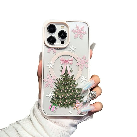 For iPhone 17 Pro Max Case Christmas Tree Clear Pink Bow Festive ...