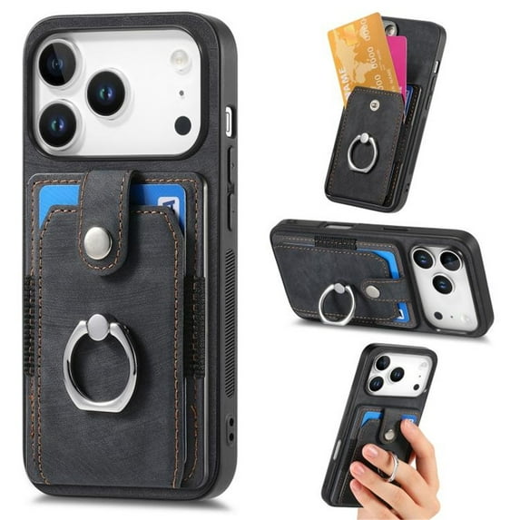 For iPhone 17 Pro Phone Case Wallet with Card Holder,PU Leather Metal ...