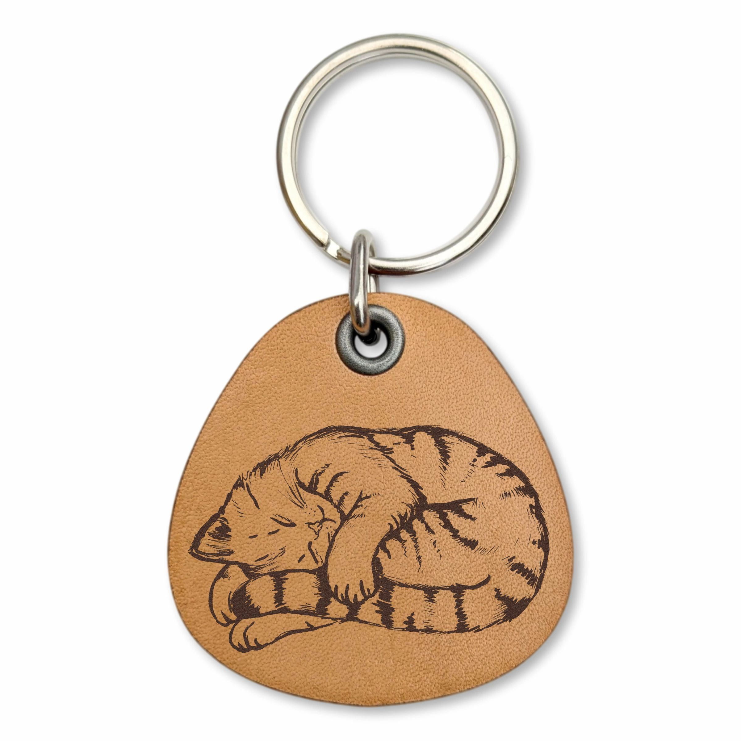 ForLeatherMore - Sleepy Tabby Cat - Genuine Leather Keychain - On the ...