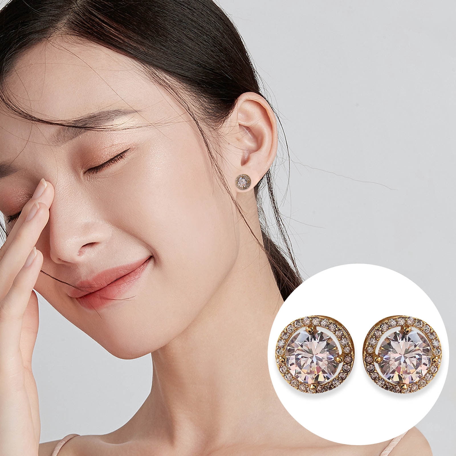 Foraging dimple Halo Brilliant Cut Stud Earrings 18K White Gold Bride ...