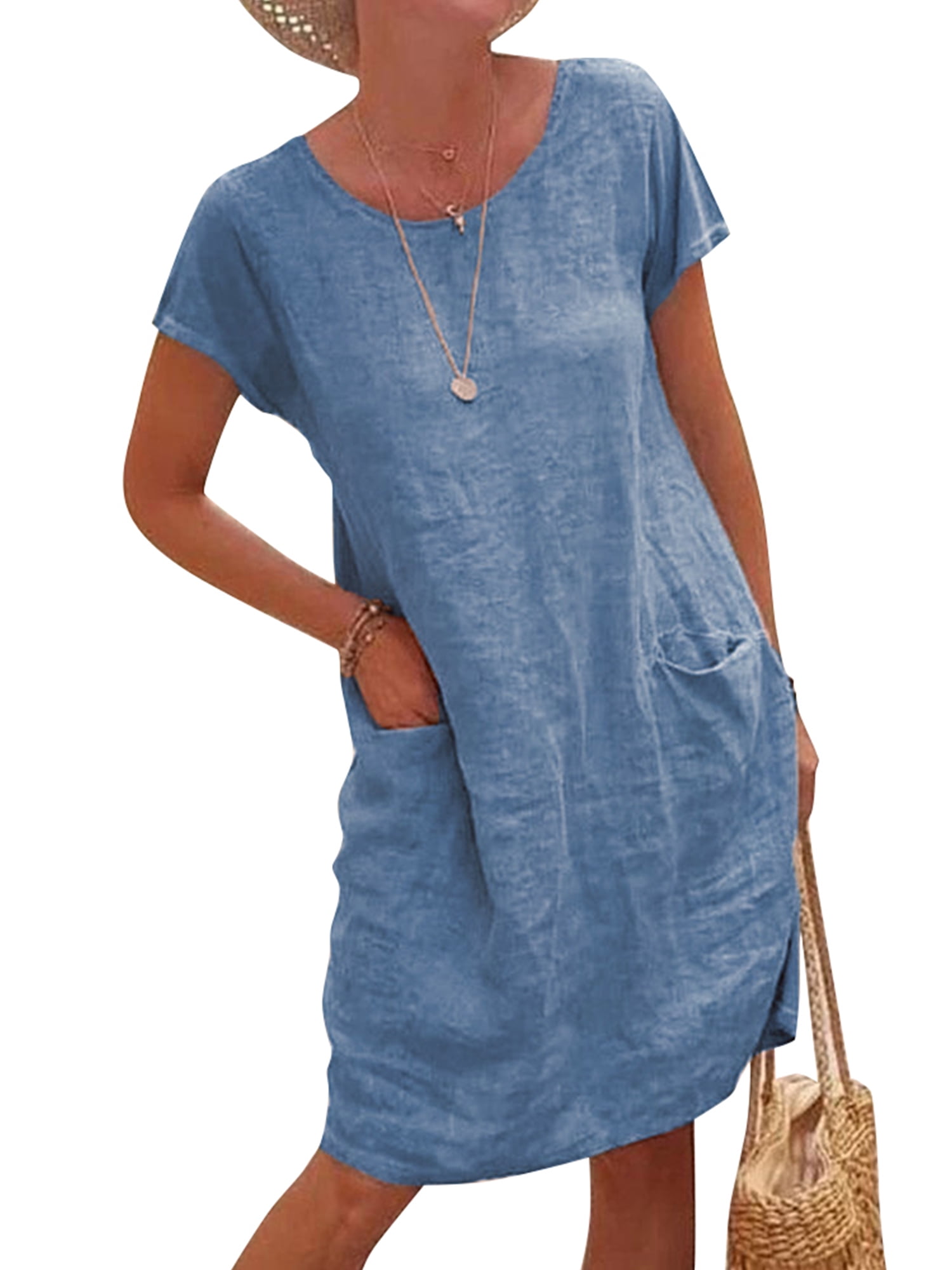 LilyLLL Womens Cotton Linen Short Sleeve Tunic Dress Casual Pocket Mini ...