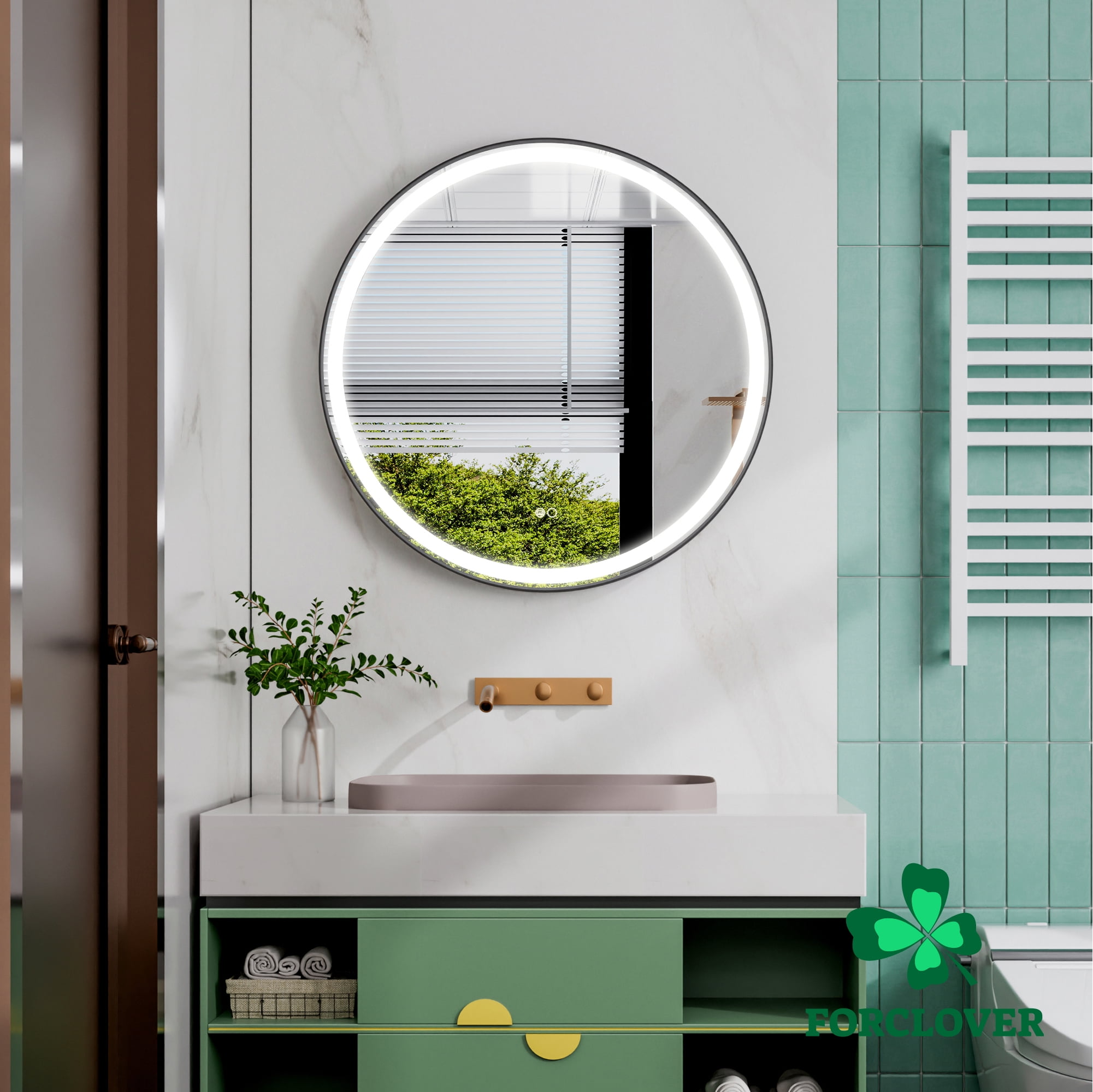 Forclover 32 in. W x 32 in. H Framed Round LED Light Bathroom Vanity ...