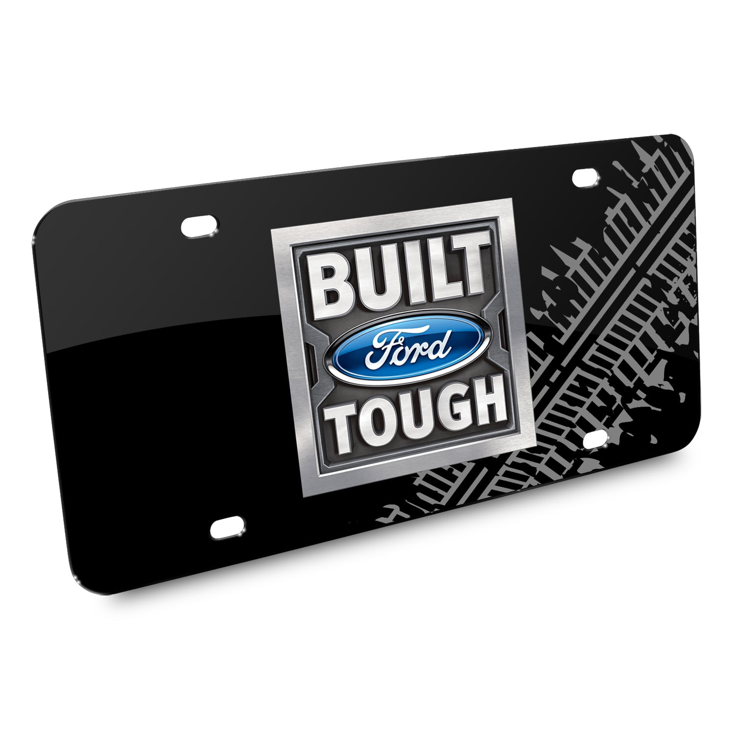 Ford Built Ford Tough Double Logo Tire Mark Black Acrylic License Plate ...