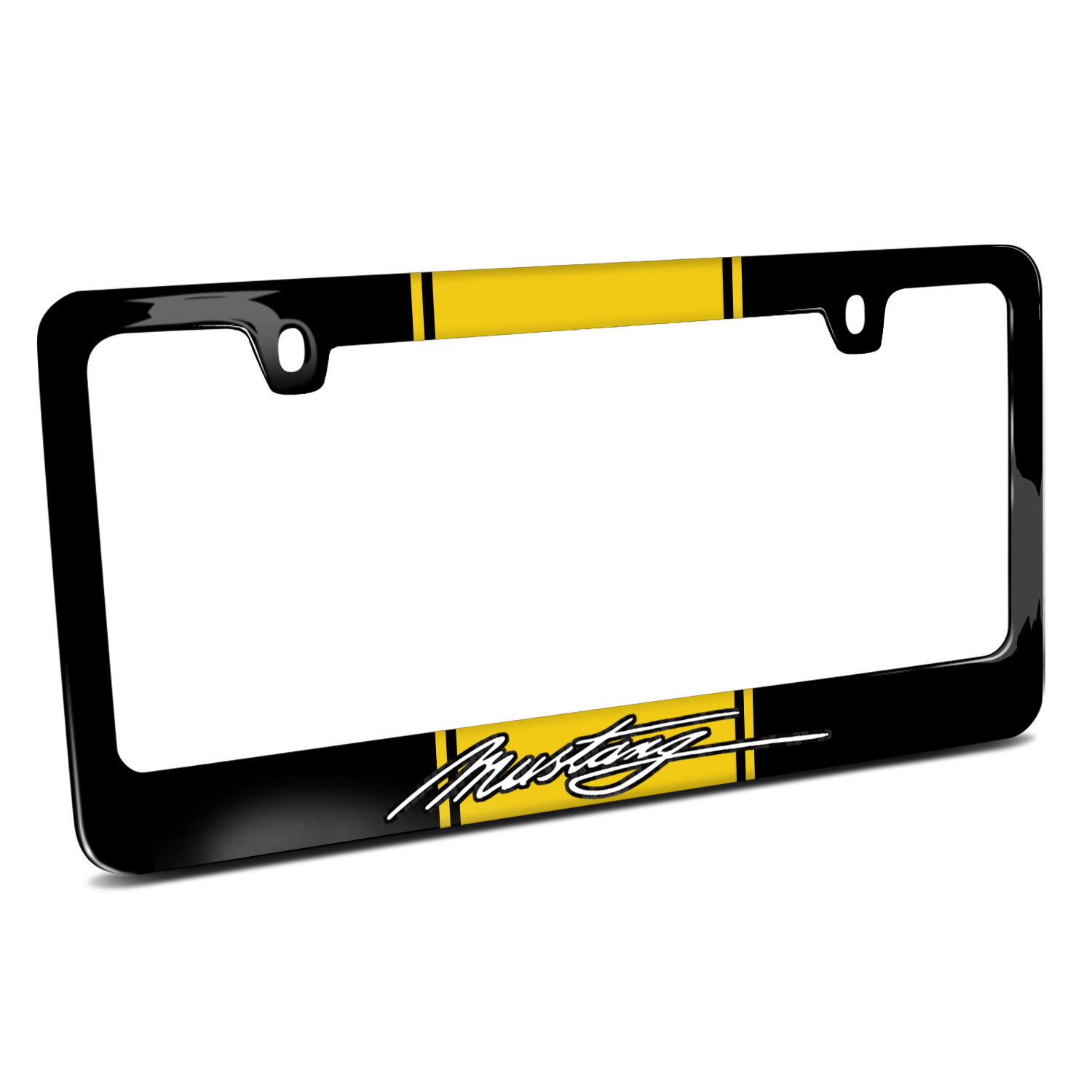 Ford Mustang Script Yellow Racing Stripe Black Metal License Plate ...