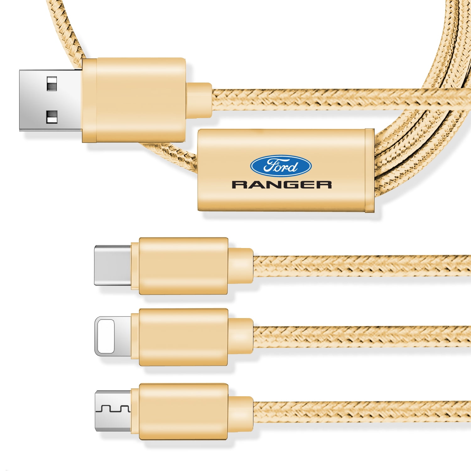 Ford Ranger 3 in 1 Golden 4 Ft Premium Multi Charging USB Cable Type-C ...