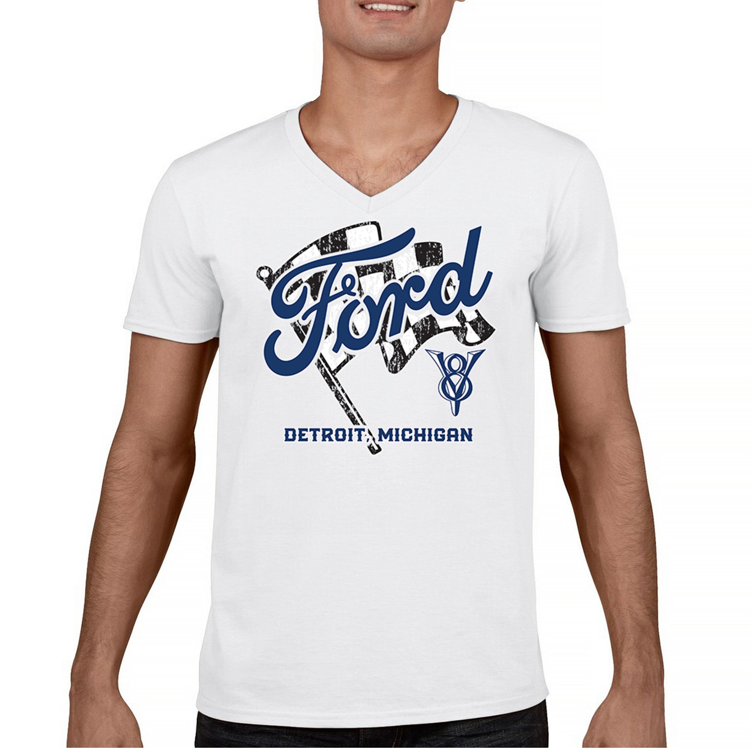 Ford V8 Detroit Michigan V-Neck T-shirt Checkered Flag American Muscle ...
