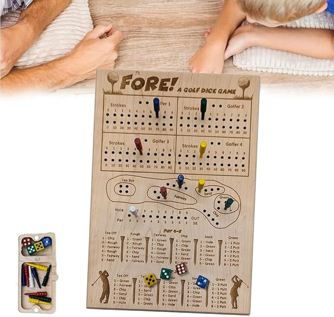 Fore! A Golf Dice Board Game, Wood Tabletop Golf Dice Game with Pegs ...