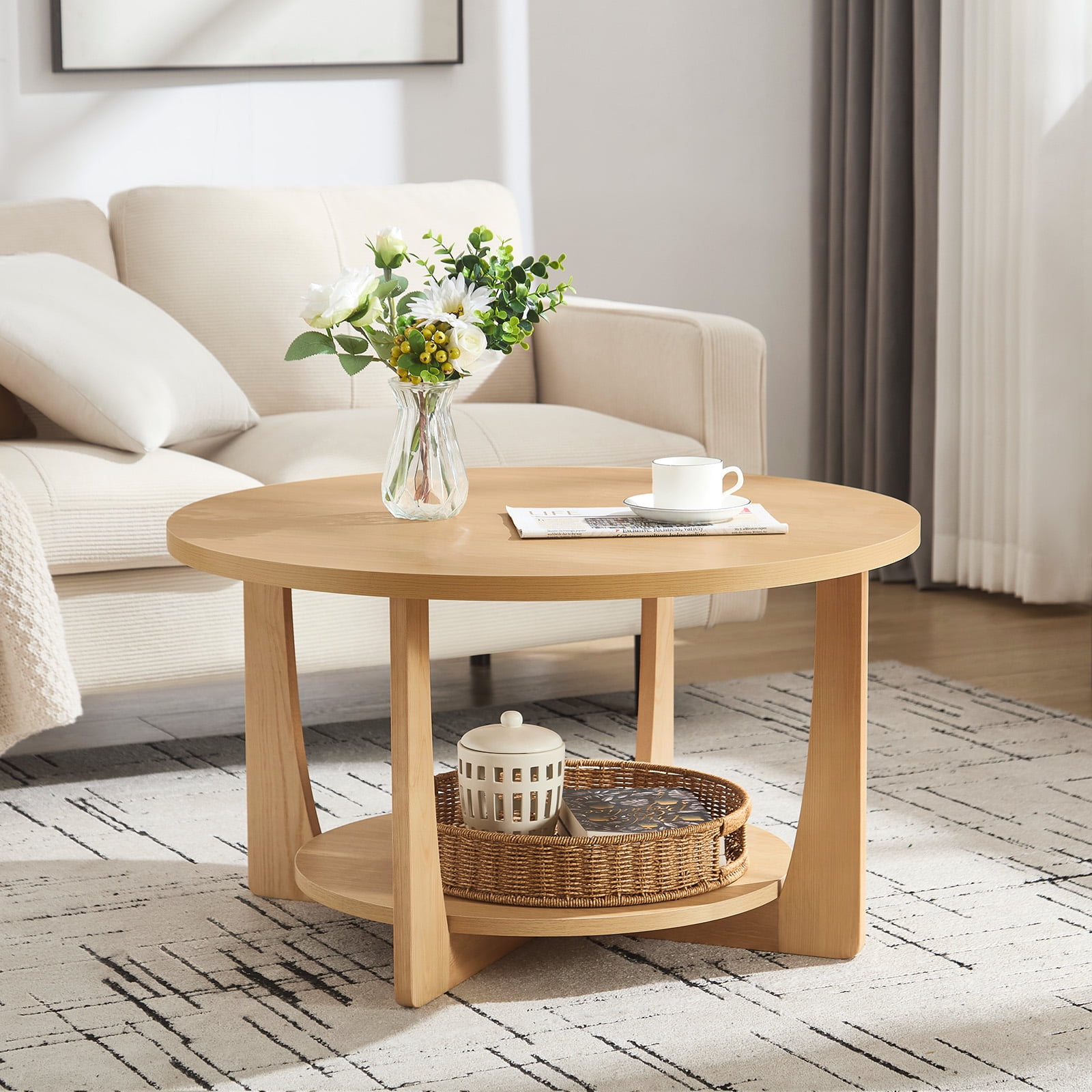 Foreate 31.5" Round Coffee Table with Solid Wood Pine Legs, 2-Tier ...
