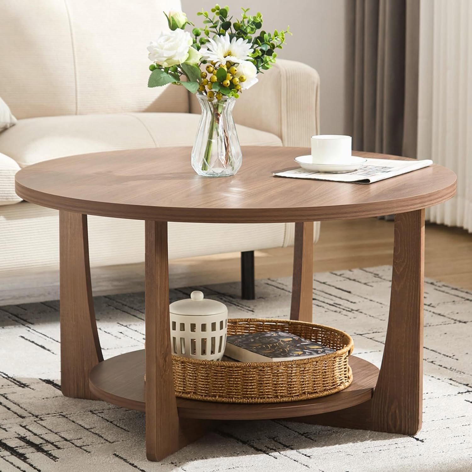 Foreate 31.5" Round Coffee Table with Solid Wood Pine Legs, 2-Tier ...
