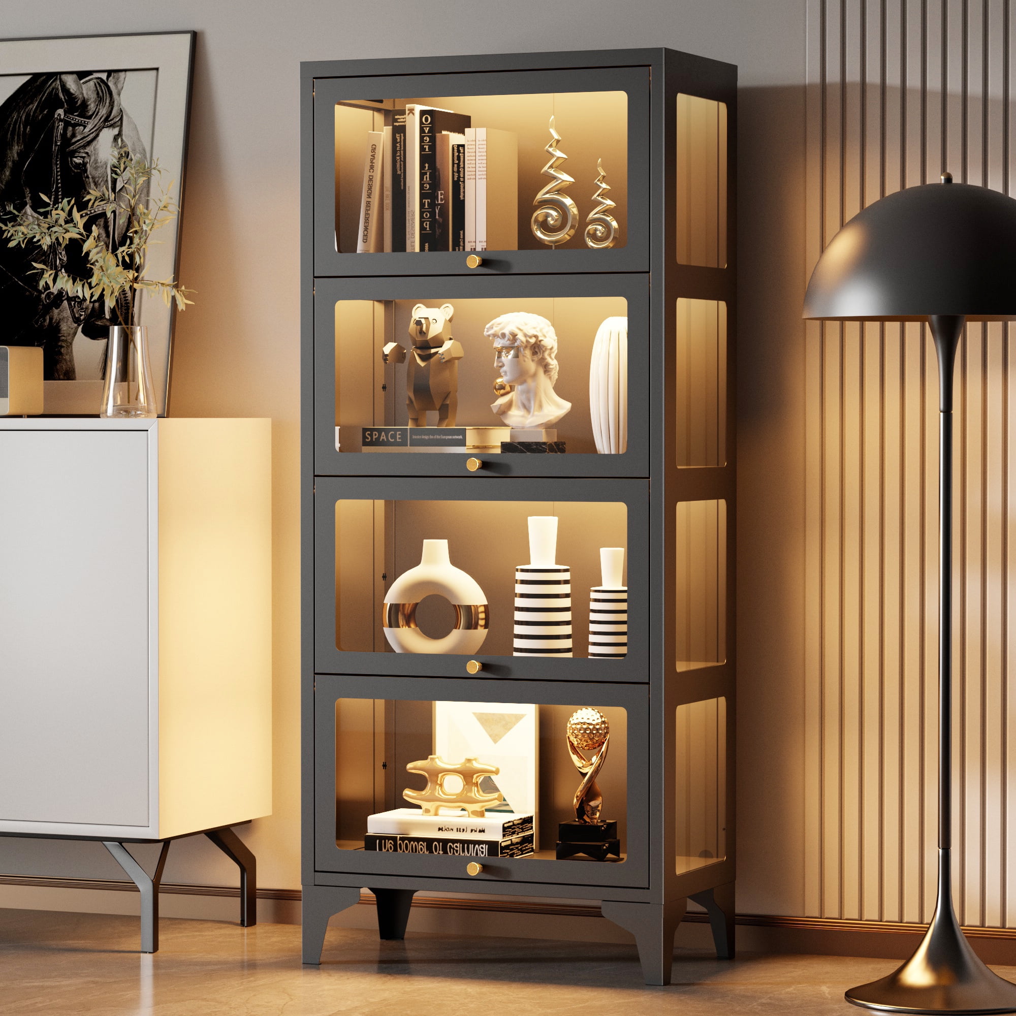Foreate 55" 4-Tier Metal Display Cabinet, w/ 3 Side Tempered Glass ...