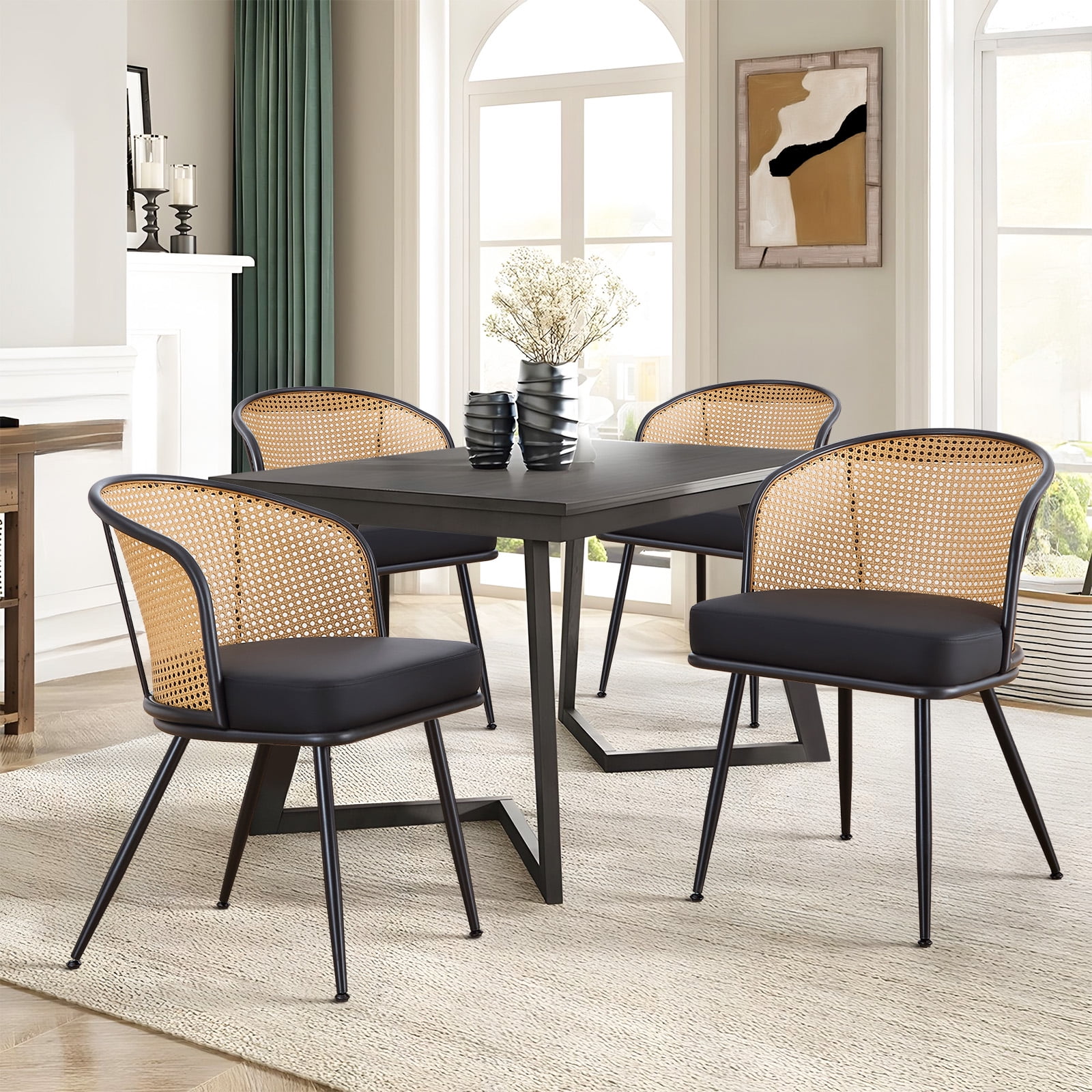 Foreate Set of 4 Modern Rattan Dining Chairs Mid-Century Cane Back ...