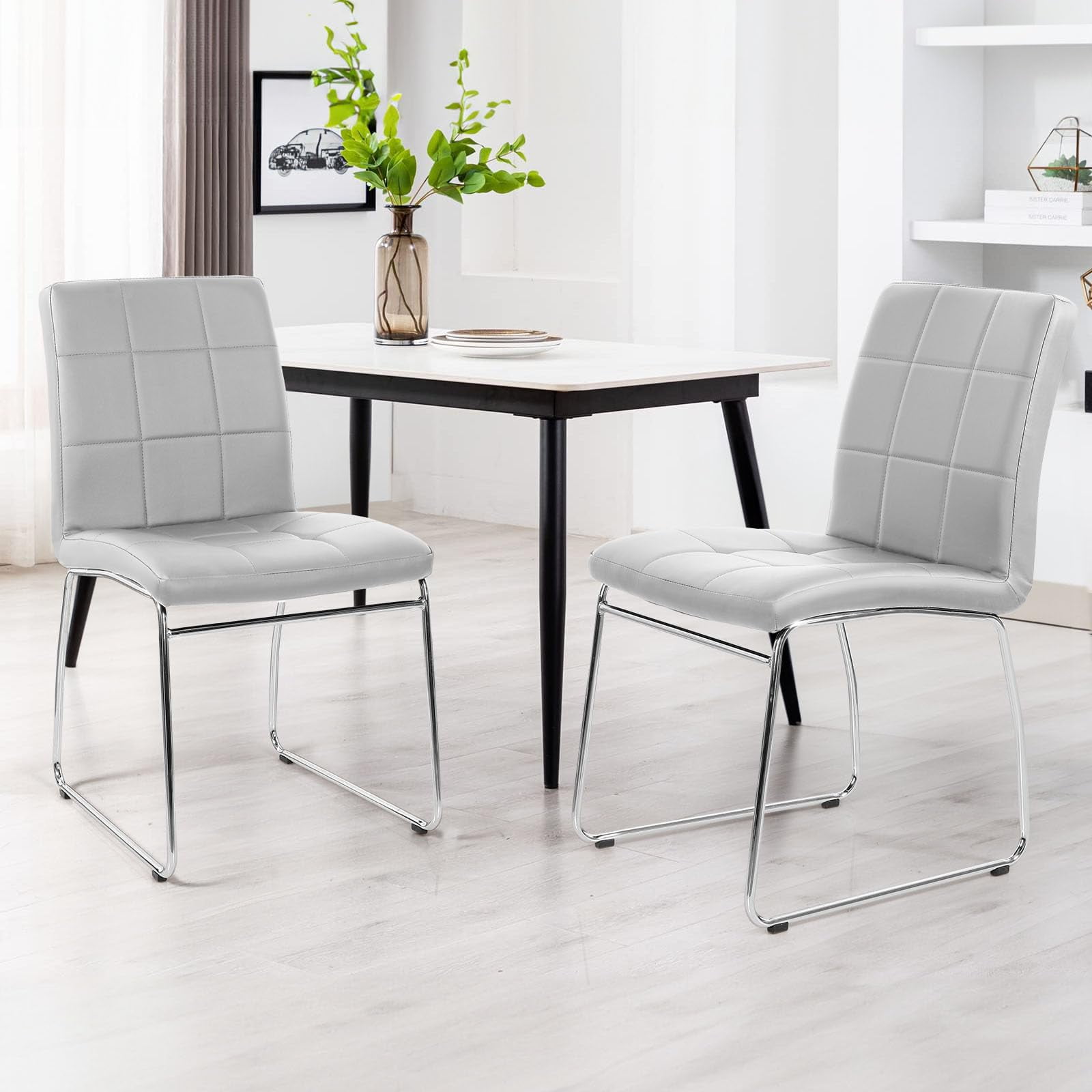 Foreate Set of 2 Faux Leather Dining Chairs with Sled Chrome Legs ...