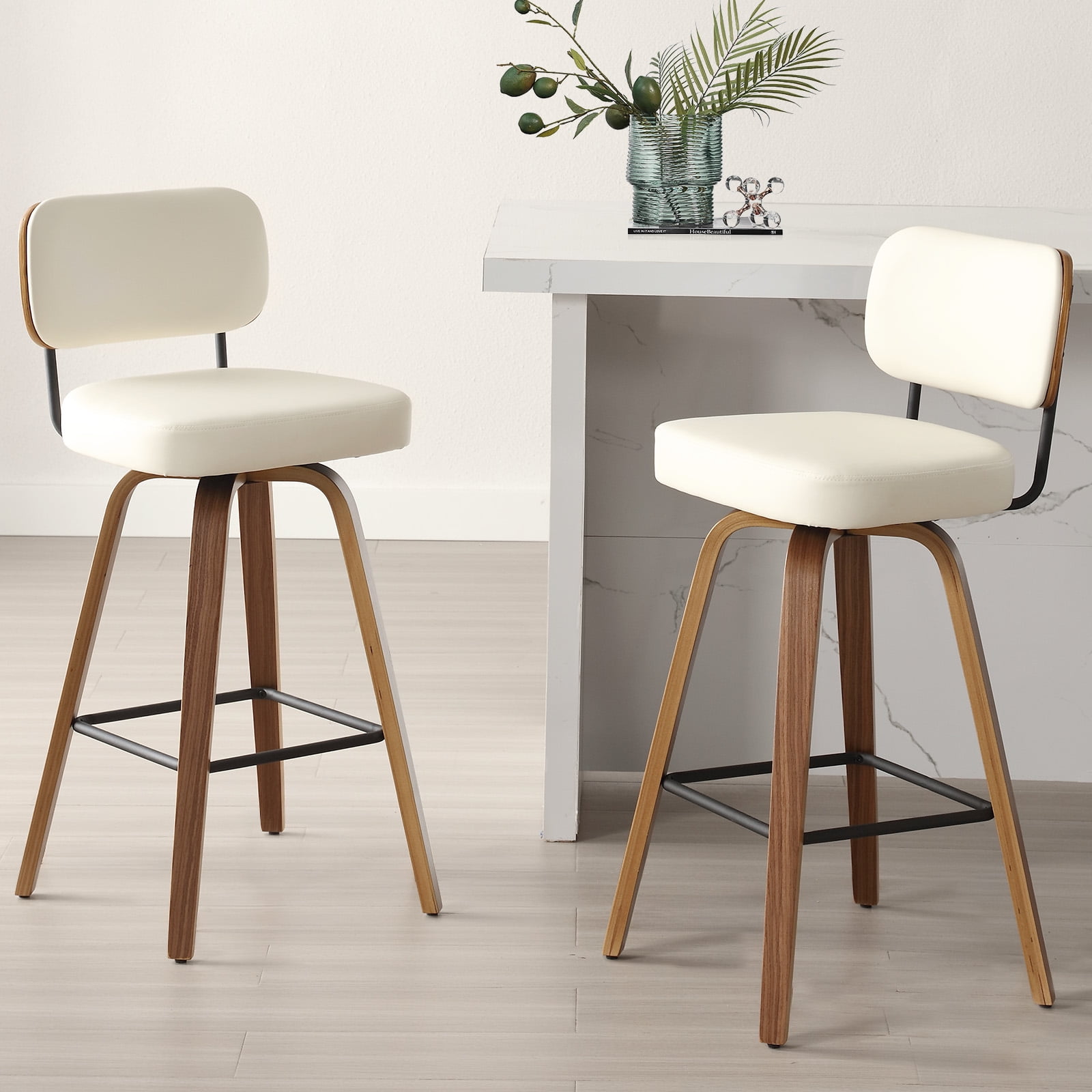 Foreate Swivel PU Bar Stools, Set of 2, 26" Counter Height Upholstered ...