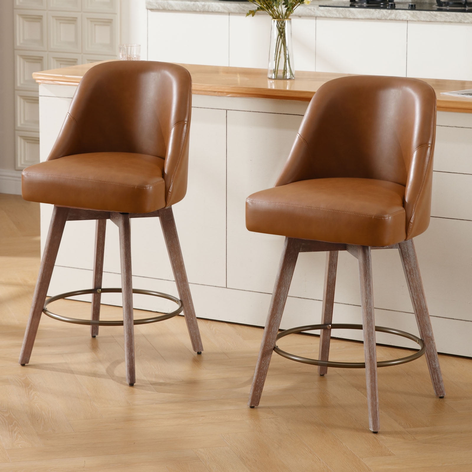 Foreate Swivel PU Bar Stools Set of 2, 26" Counter Height, Uholstered ...