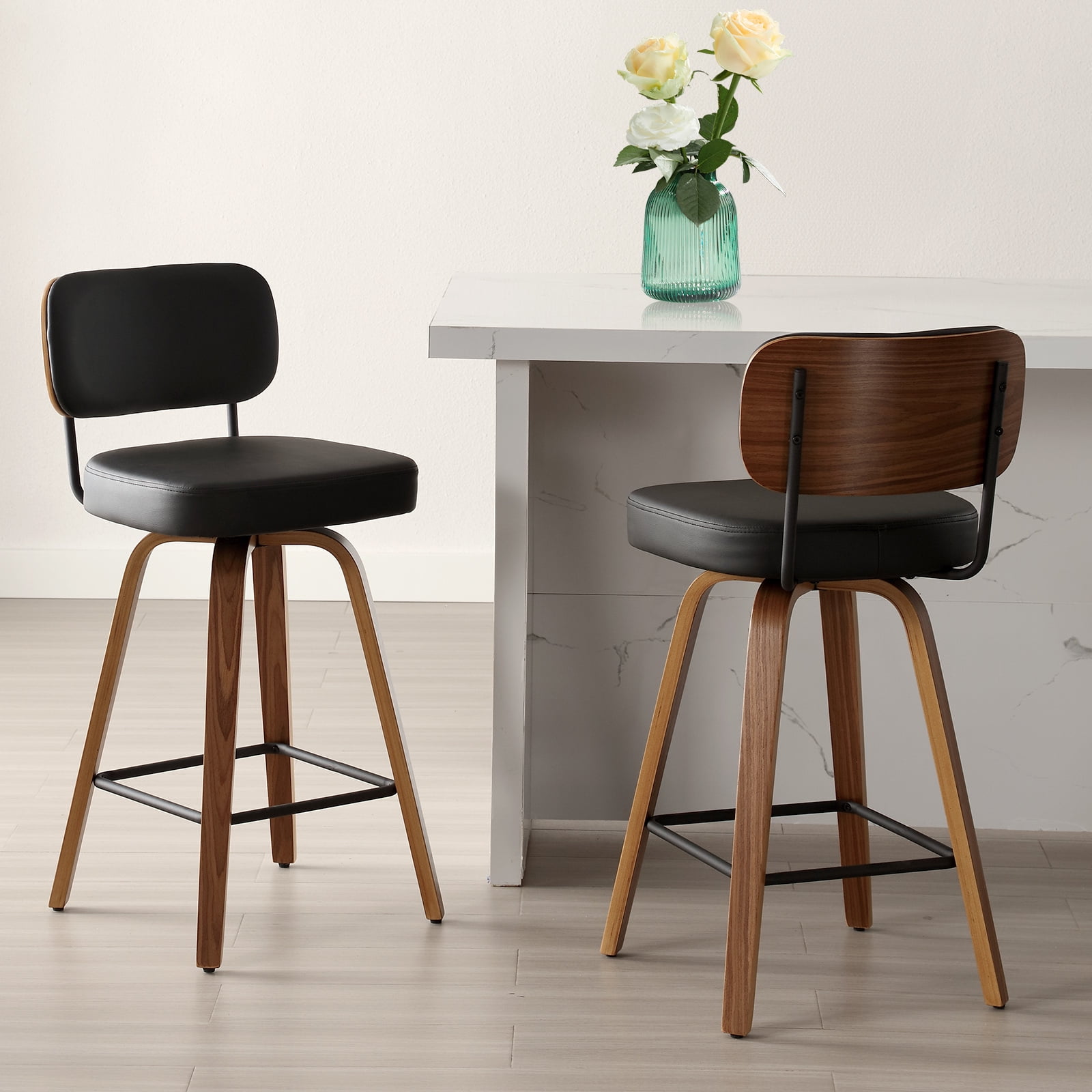 Foreate Swivel PU Bar Stools, Set of 2, 26" Counter Height Upholstered ...