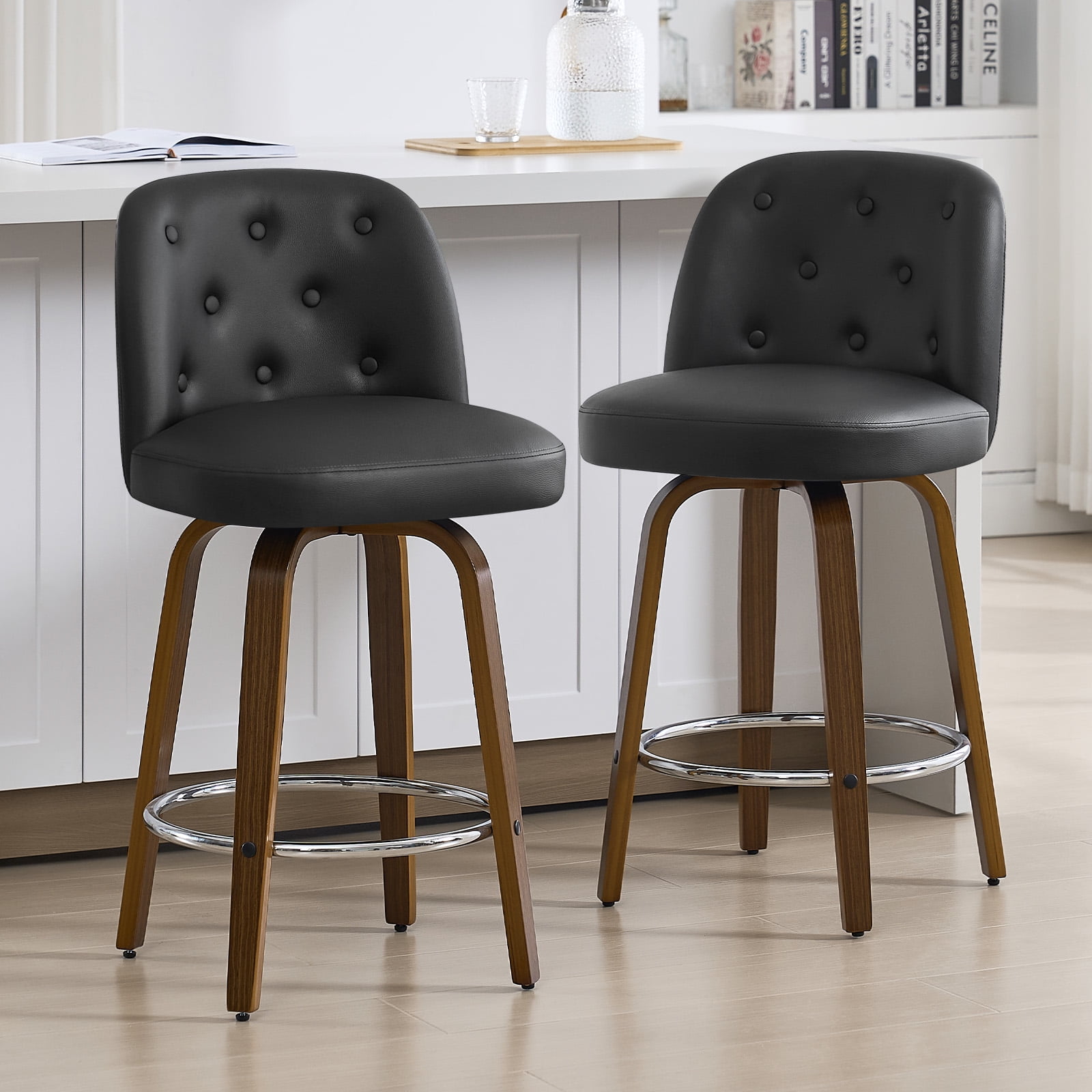 Foreate Swivel PU Bar Stools Set of 2, 26" Uholstered Leather with ...