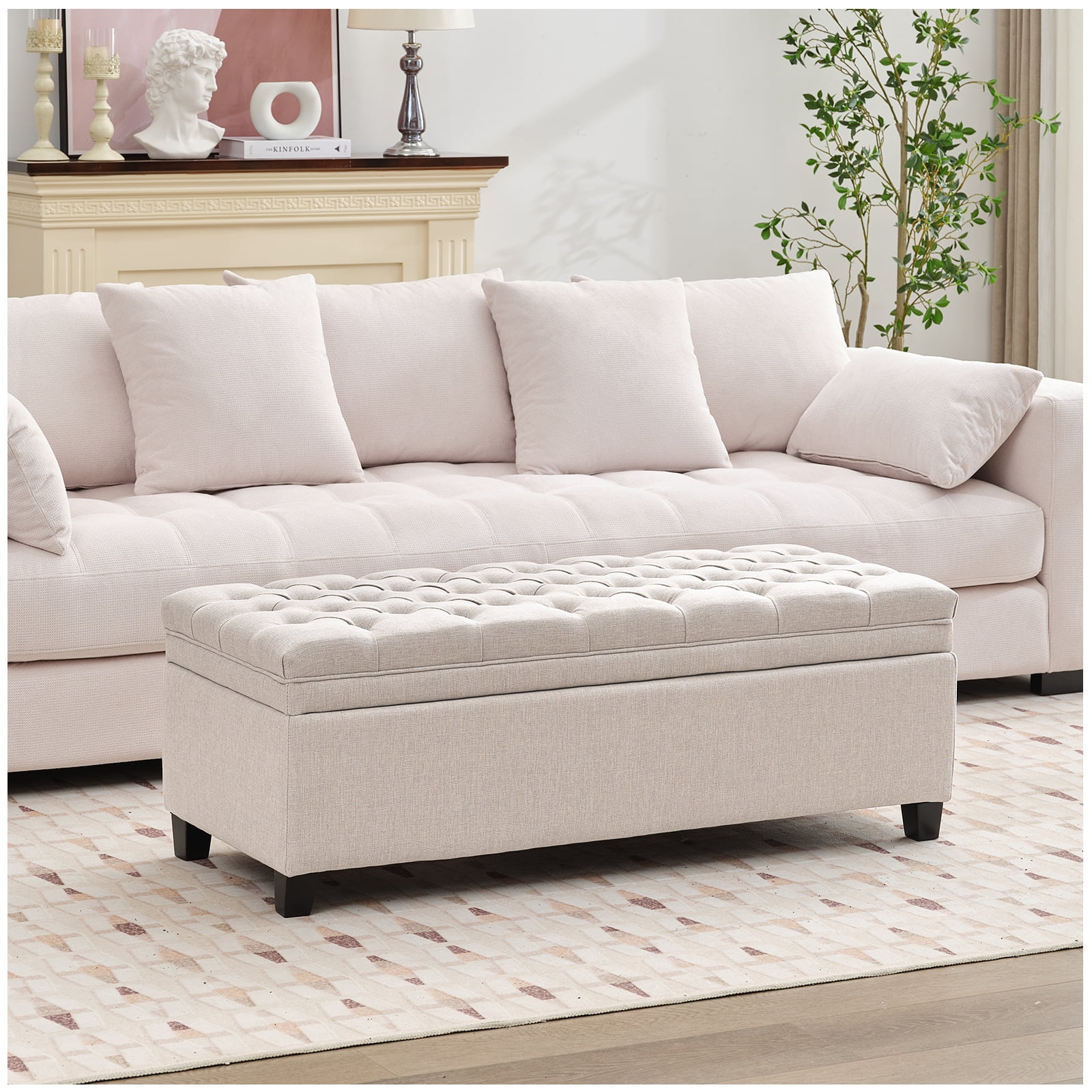 Foredo Large Storage Ottoman Bench, Button Tufted Linen Upholstered ...