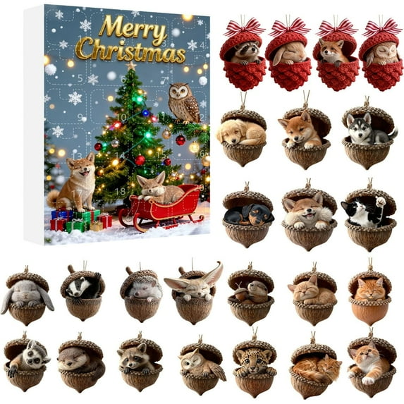 Forest Animal Acorn Ornaments Advent Calendar -24 Days Christmas Countdown Christmas Animal ...