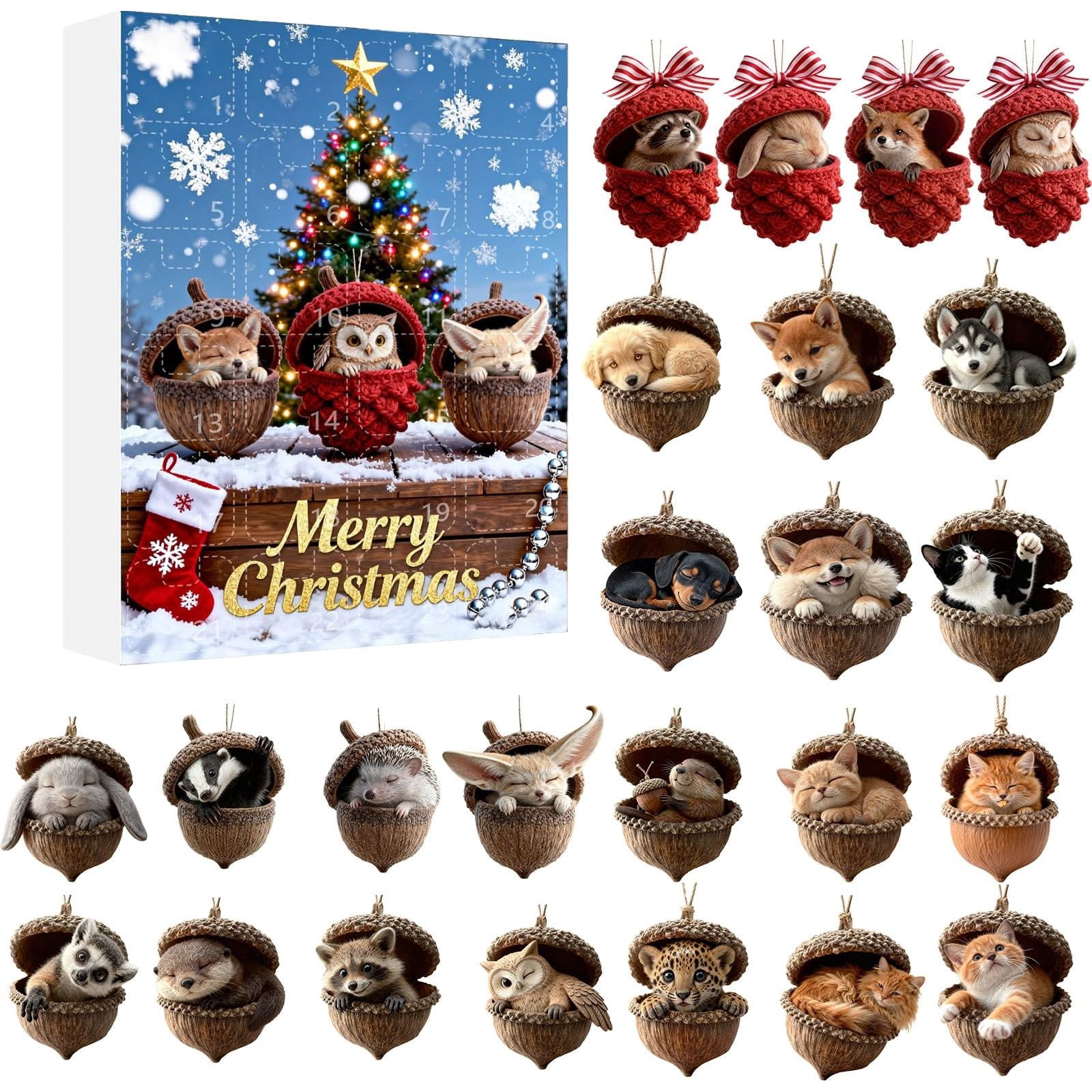 Forest Animal Acorn Ornaments Advent Calendar -24 Piece Collectible 2d ...