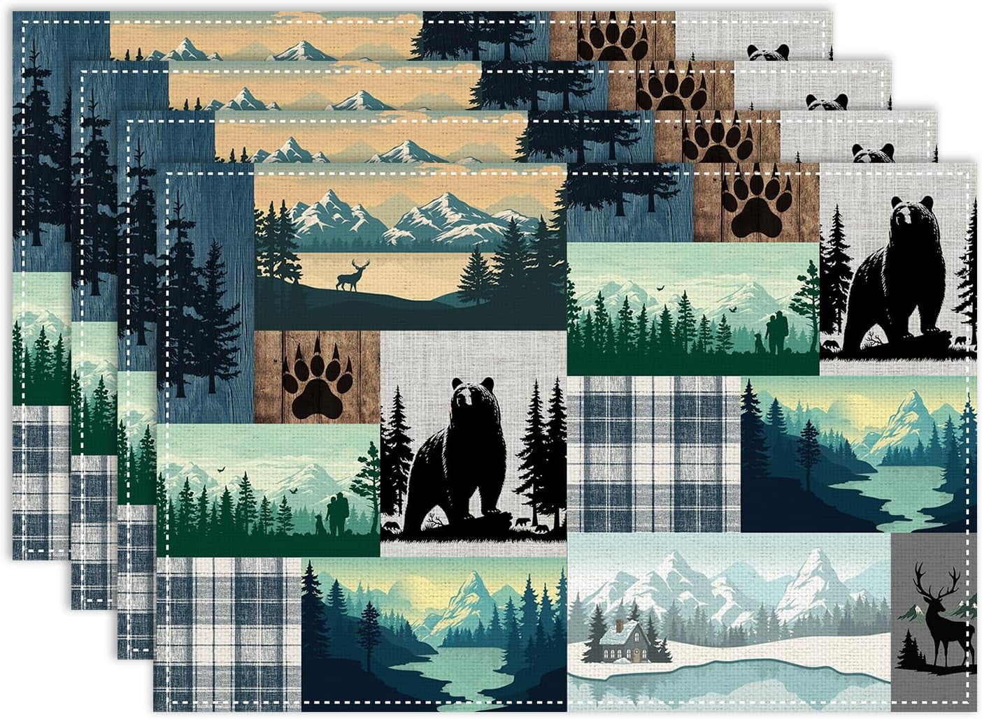 Forest Animal Cabin Placemats Set of 4, 12x18 Inch Rustic Country Bear ...