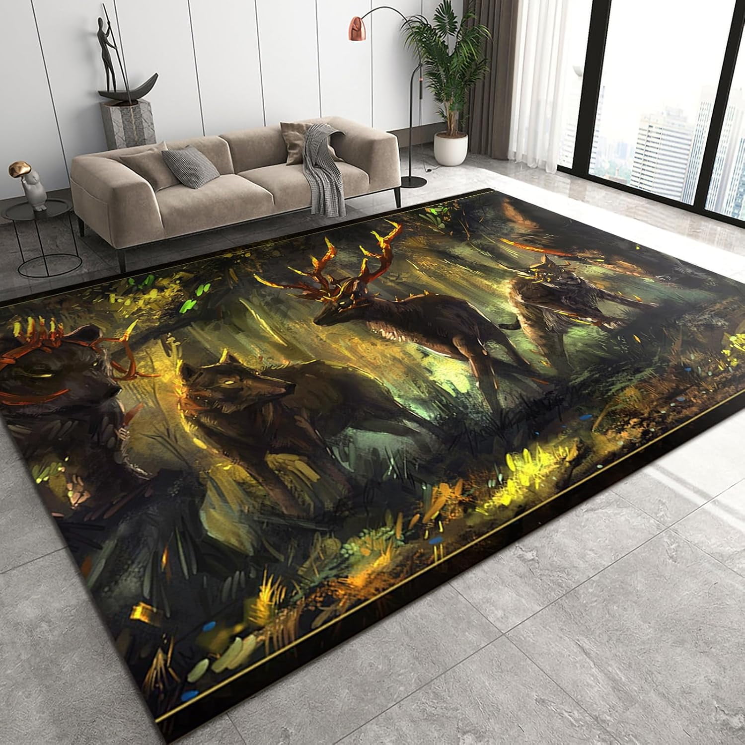 Forest Animal Deer Wolf Area Rugs, Black Graffiti Jungle Flowers and ...