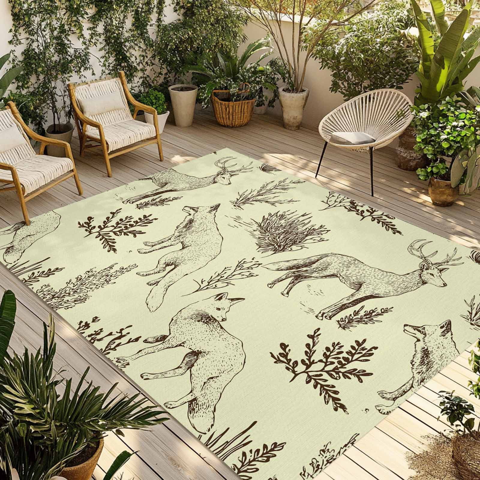 Forest Animal Outdoor Rug, Line Drawing Deer Fox Cool Wolf Spring Weed ...