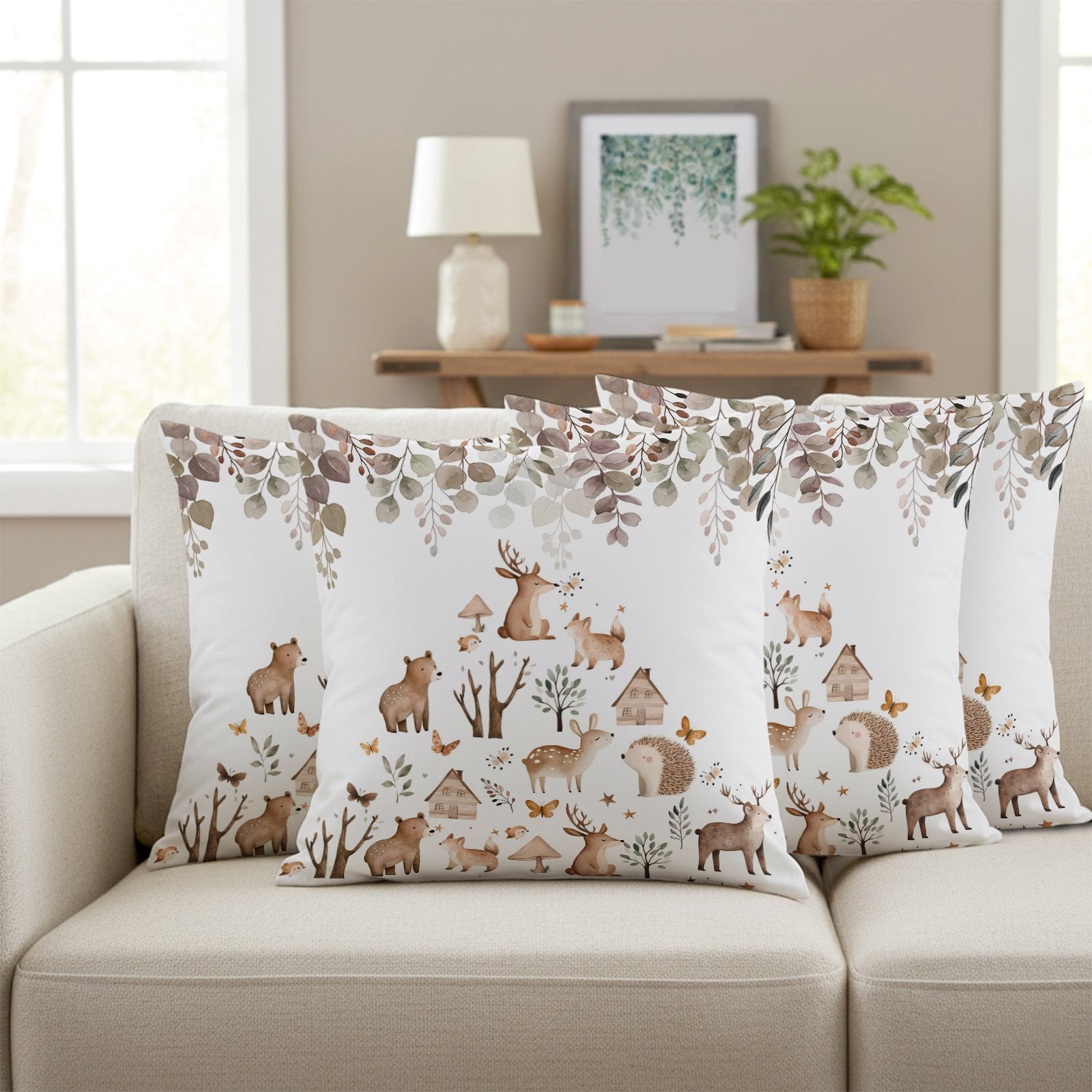 Forest Animal Pillow Covers Set of 4, Brown Deer Bear Hedgehog Bird ...