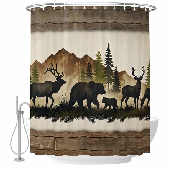 Forest Animal Shower Curtain for Bathroom, Black Bear Silhouette Elk ...