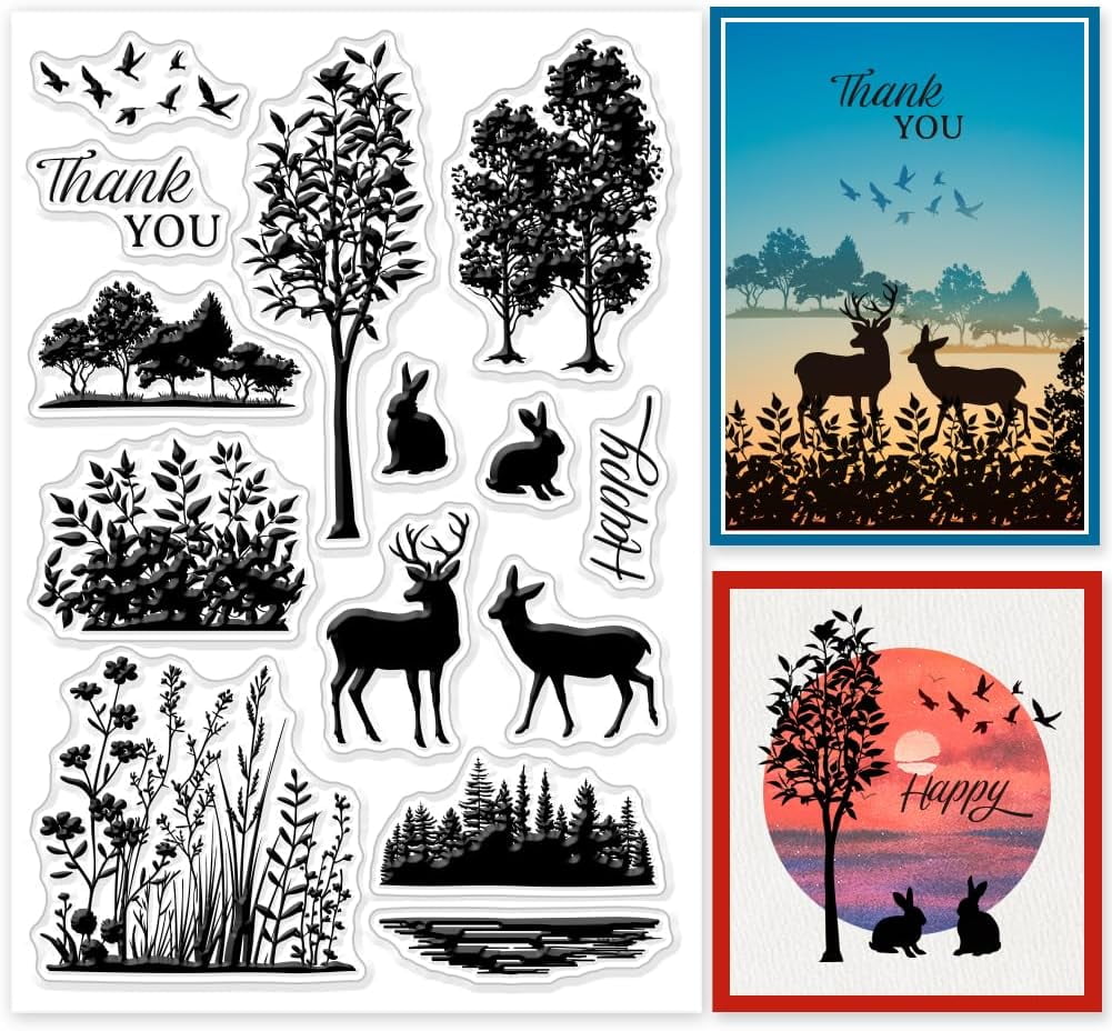 Forest Animal Silhouette Clear Stamps Wild Deer Rabbit Bird Silicone ...