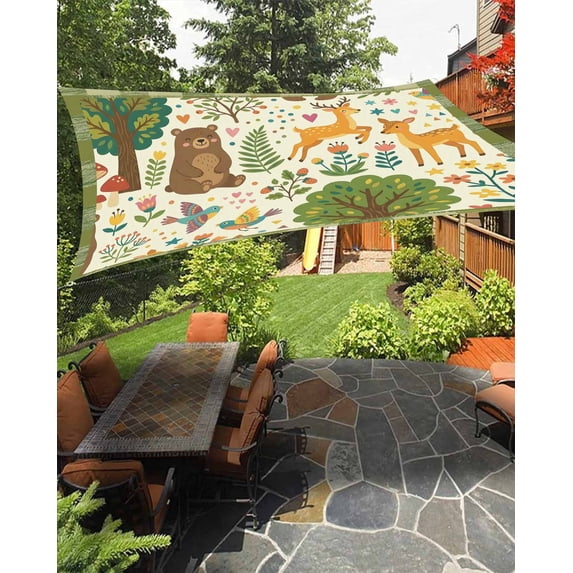 Forest Animal Sun Shade Sail 6.5'X10' Bear Deer Bird Green Tree Pink ...