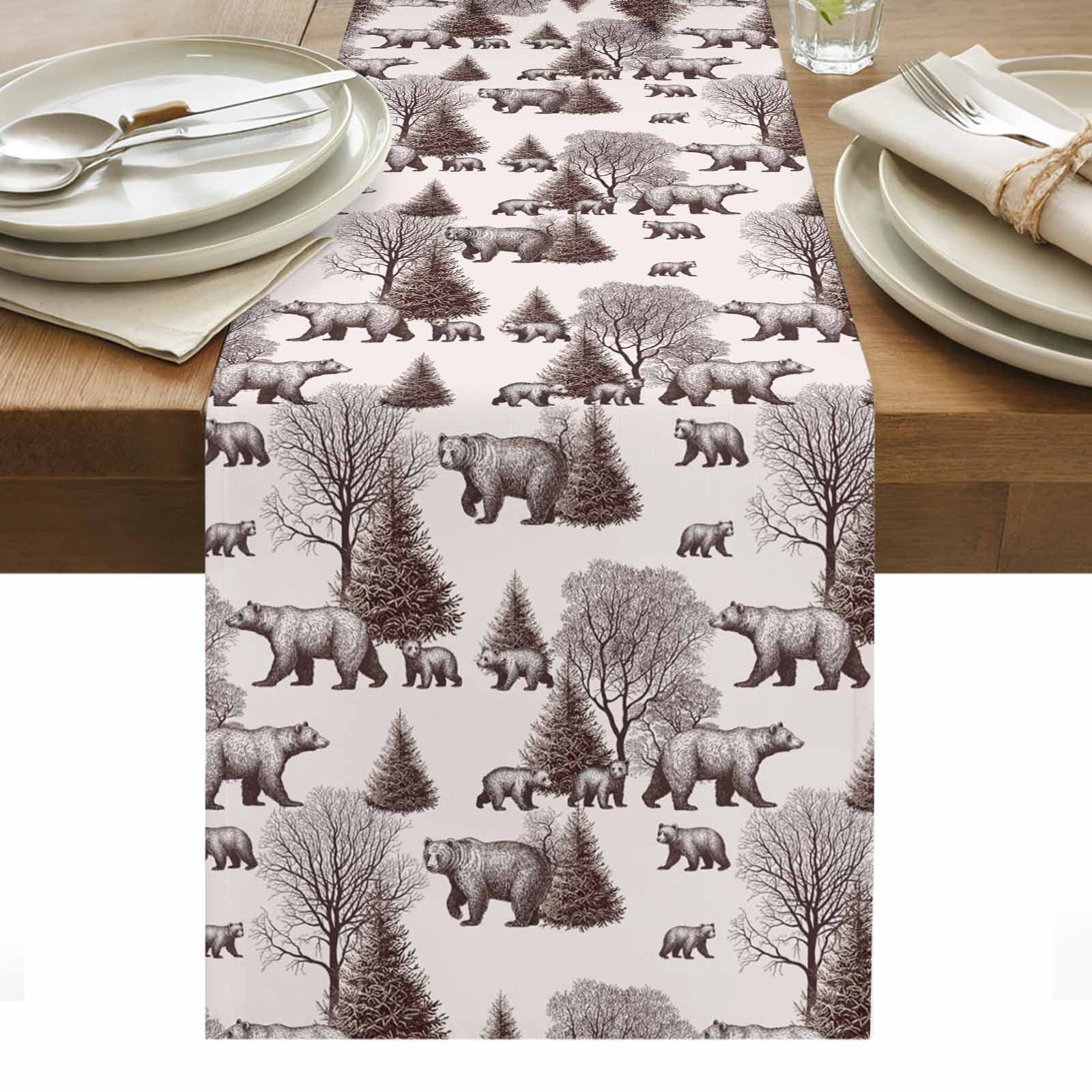 Forest Animal Table Runner 14 x 72 Inch, Brown Bear Tree Vintage ...