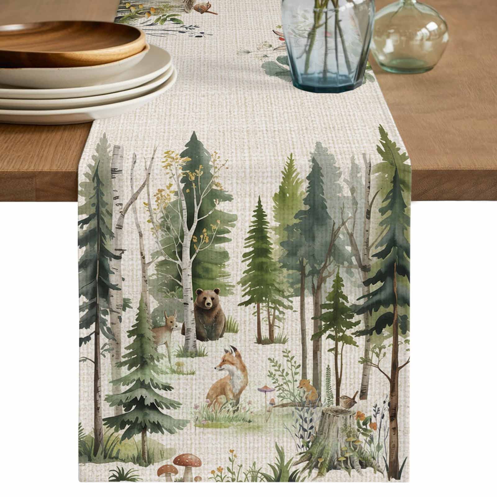 Forest Animal Table Runner, Woodland Trees Bear Fox Deer Bird ...