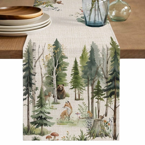 Forest Animal Table Runner, Woodland Trees Bear Fox Deer Bird ...