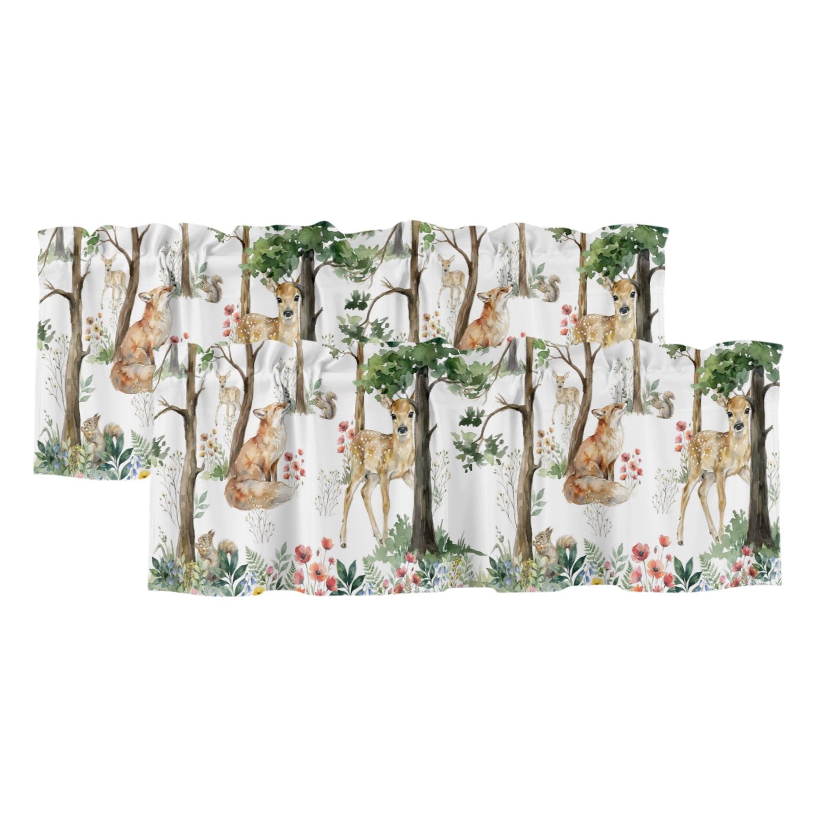 Forest Animals 2 Panels Kitchen Valance, Watercolor Small Deer Fox ...