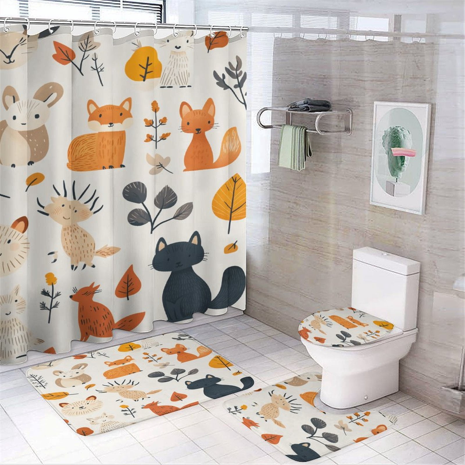 Forest Animals (43) Shower Curtain Set 4PCs with Hooks Waterproof ...
