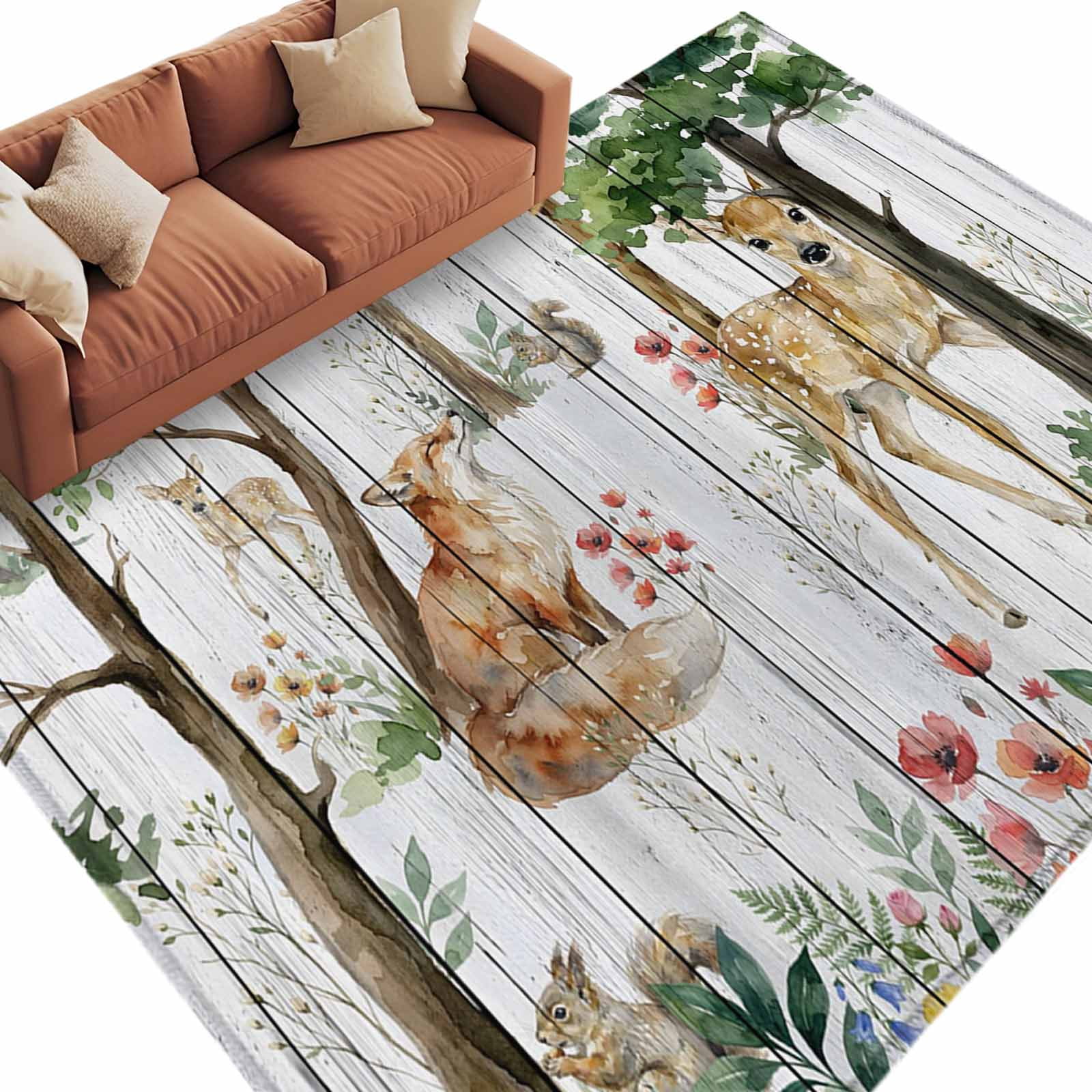 Forest Animals 6'x9' Large Area Rugs Small Deer Fox Squirrels Flower ...