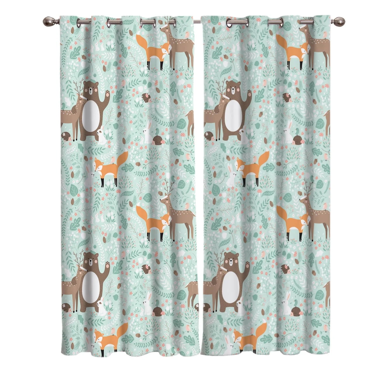 Forest Animals Cute Fox Bear Deer Flower Plants Window Curtains ...