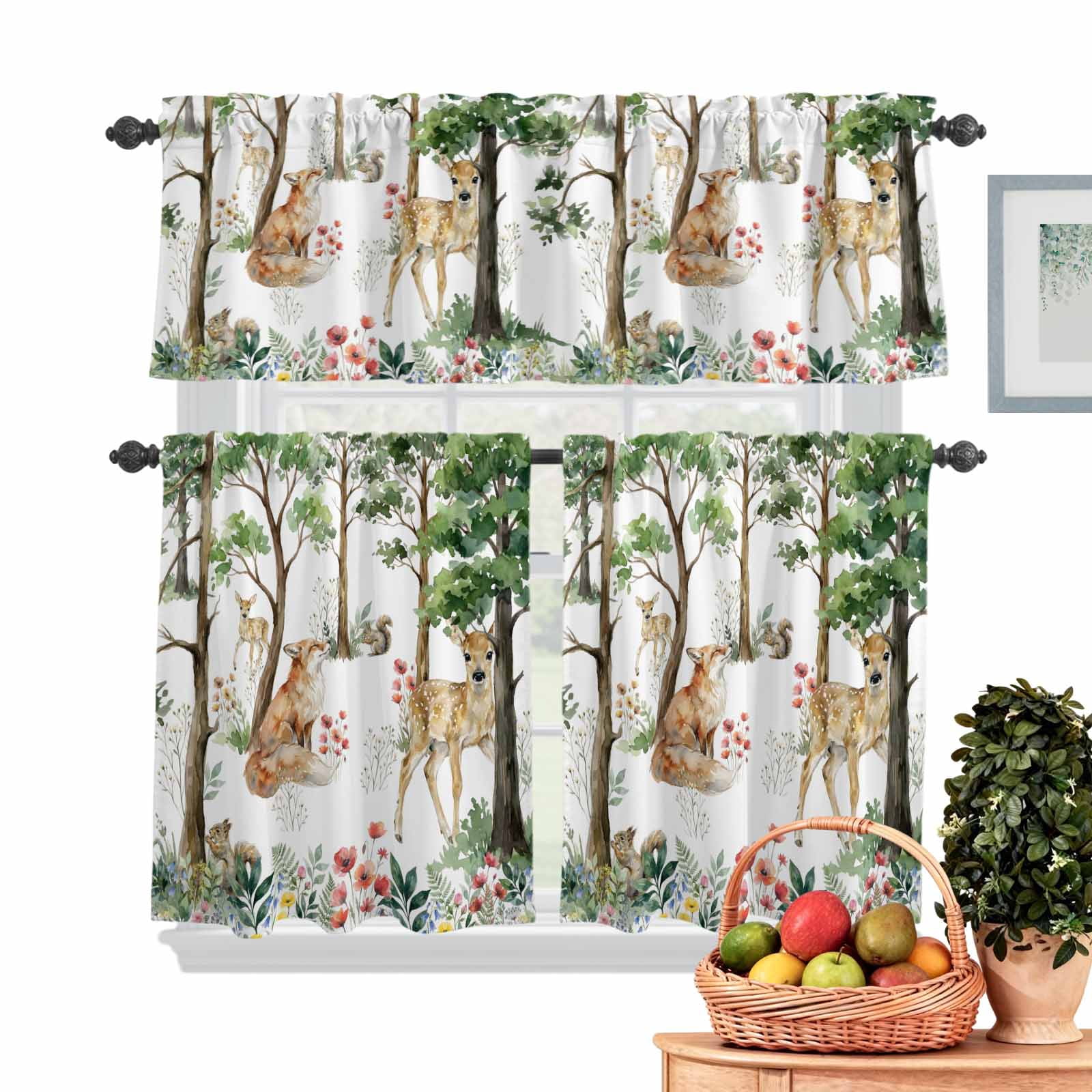 Forest Animals Kitchen Curtains Valances 3 Piece Set, Watercolor Small ...